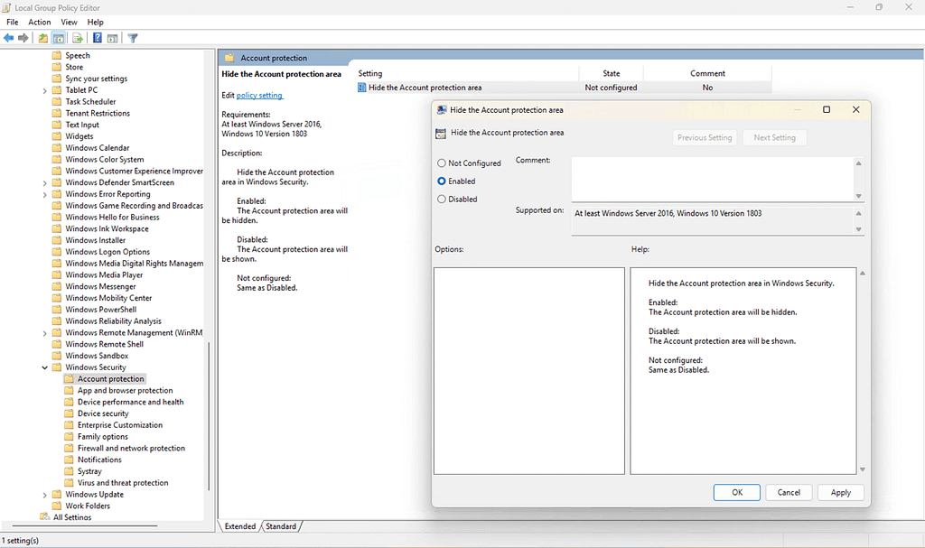 Hide Account Protection In Windows Security In Windows Ninjaone