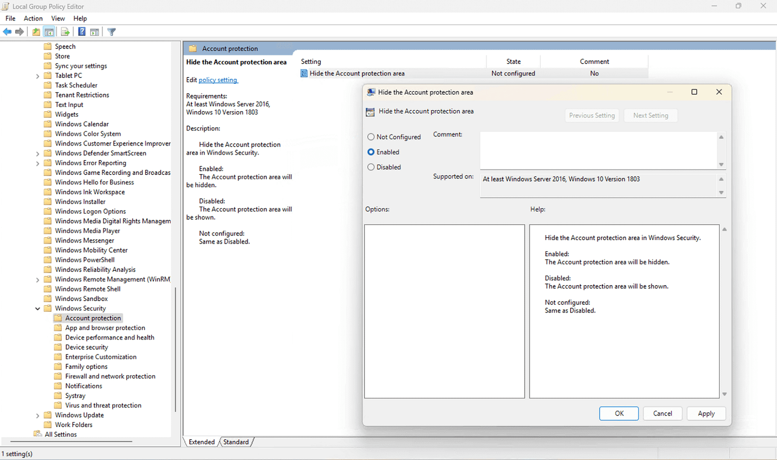 Hide Account Protection in Windows Security in Windows | NinjaOne