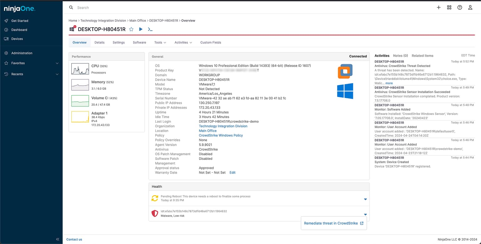 NinjaOne + CrowdStrike Falcon Integration - NinjaOne